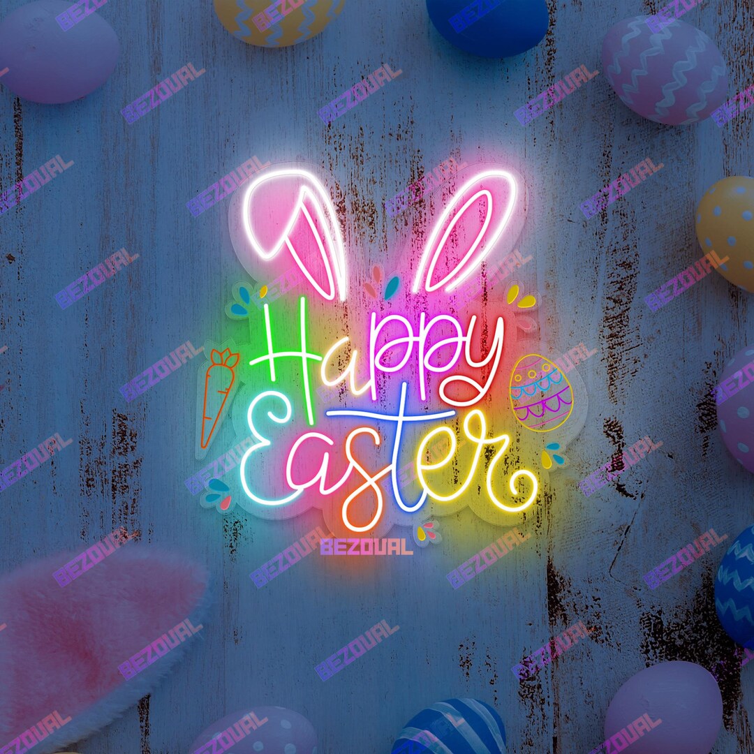 Happy Easter Neon Sign LED Bunny Ears Wall Light Easter Decoration Neon ...