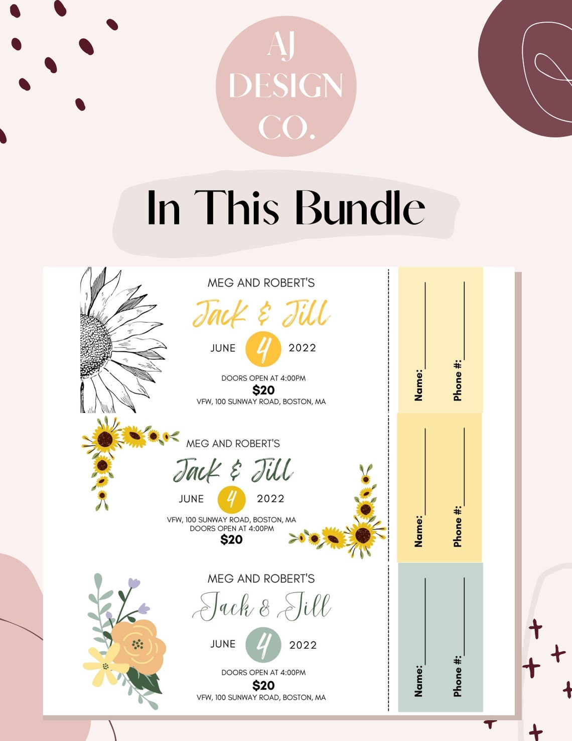 Digital Download Jack & Jill Ticket Bundle Floral DIY Instant Download ...