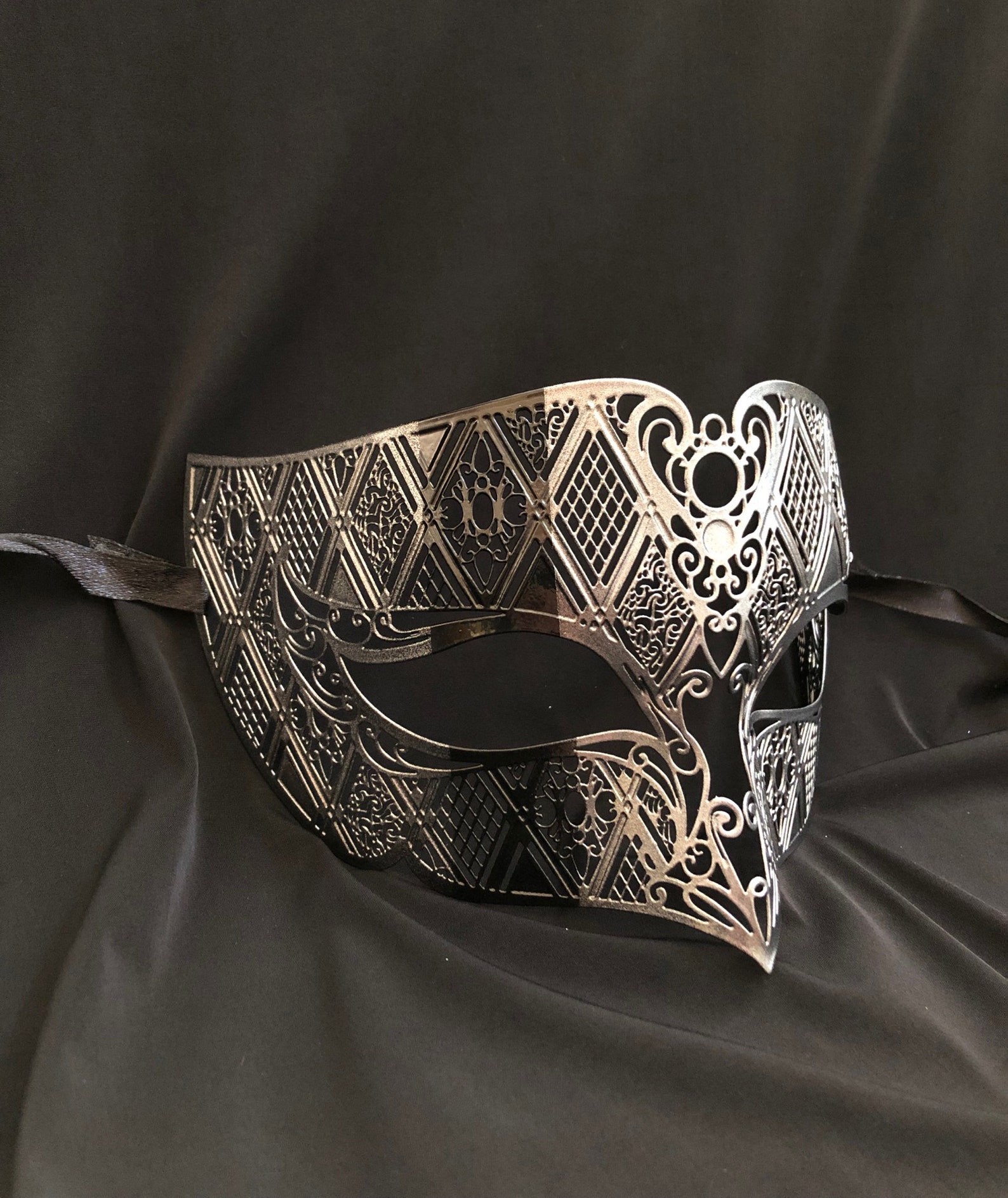 Men's Metal Masquerade Ball Mask Dark Steel Color With Black Stripe - Etsy