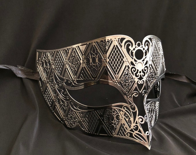 Men's Metal Masquerade Ball Mask Dark Steel Color With Black Stripe - Etsy