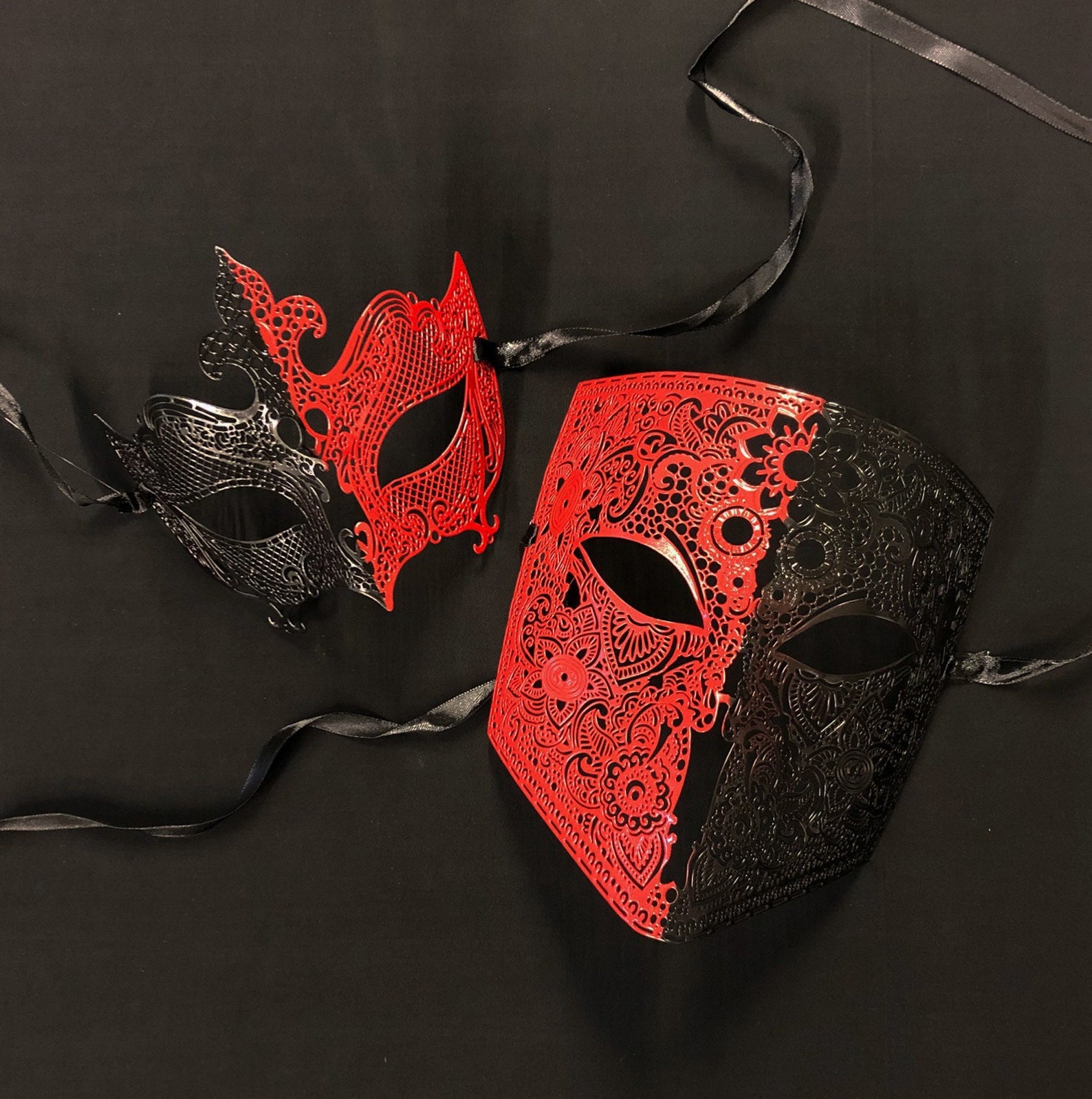 Red and Black Masquerade Mask Set: Venetian Metal Couple's Masks - Etsy