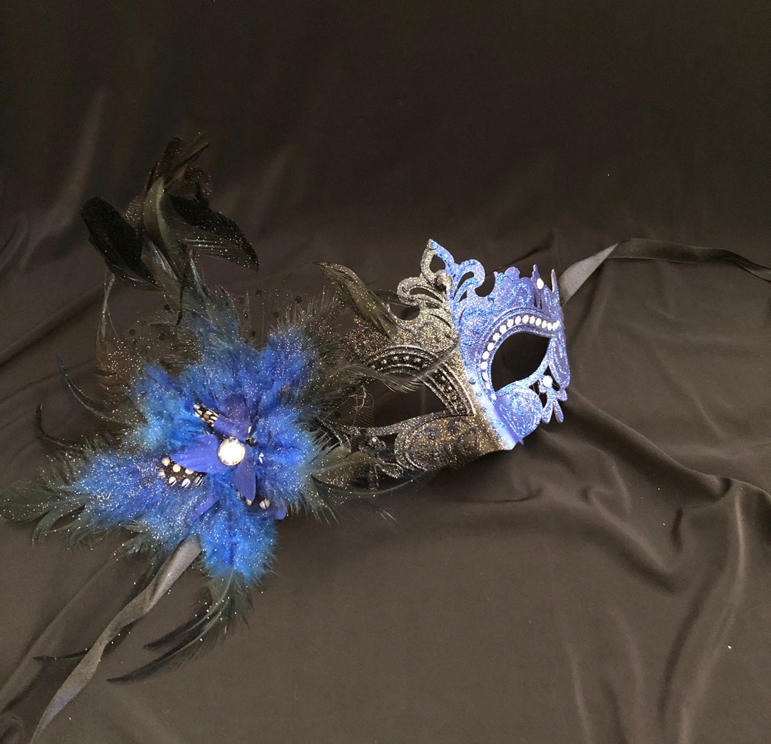 Venetian Feather Mask Masquerade Mask Blue and Black - Etsy
