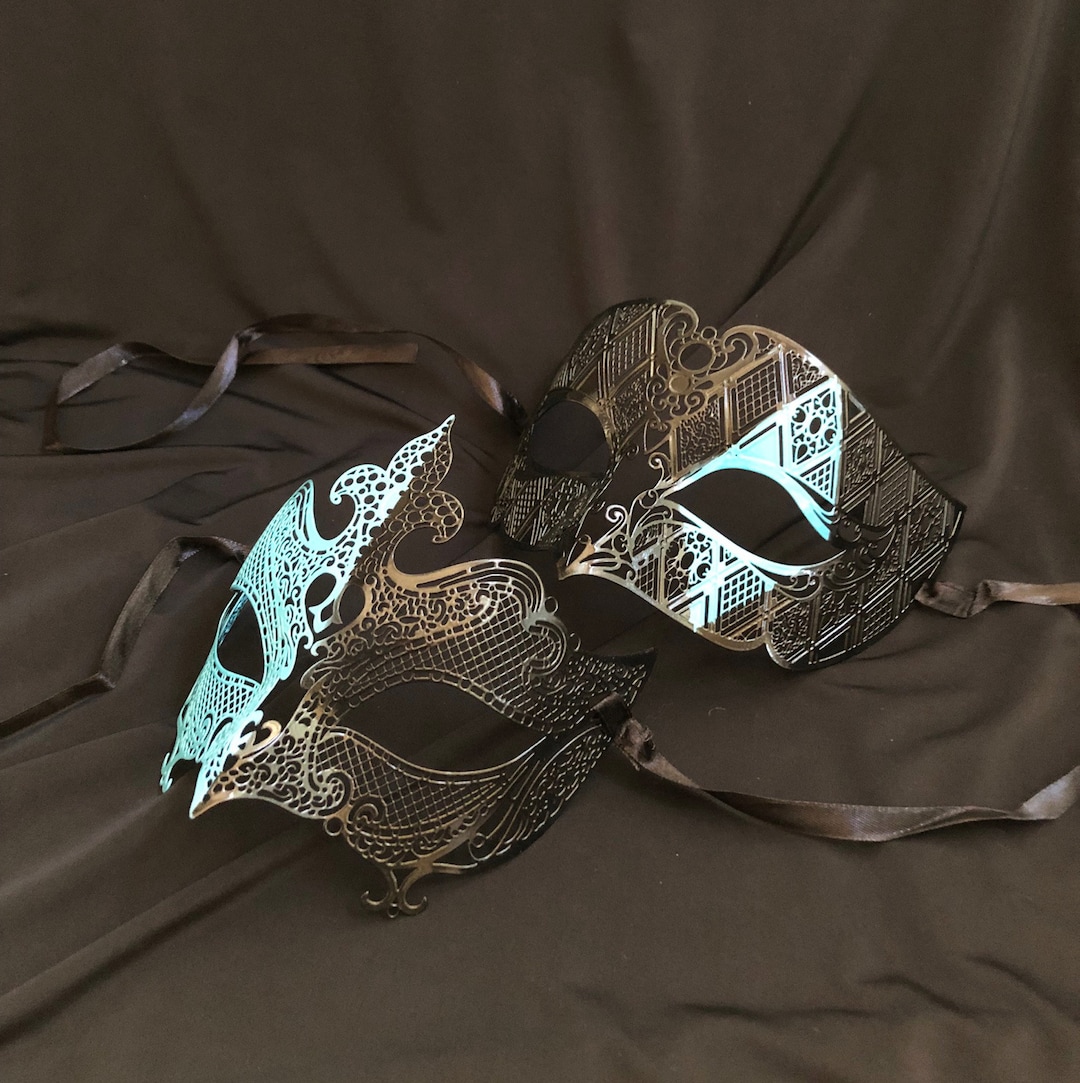 Couples Venetian Masquerade Masks Metal Masks Aqua and Black - Etsy