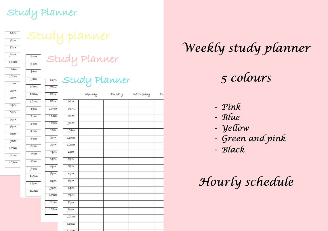 Study Schedule Template // 5 Colours // Instant Download // Printable ...
