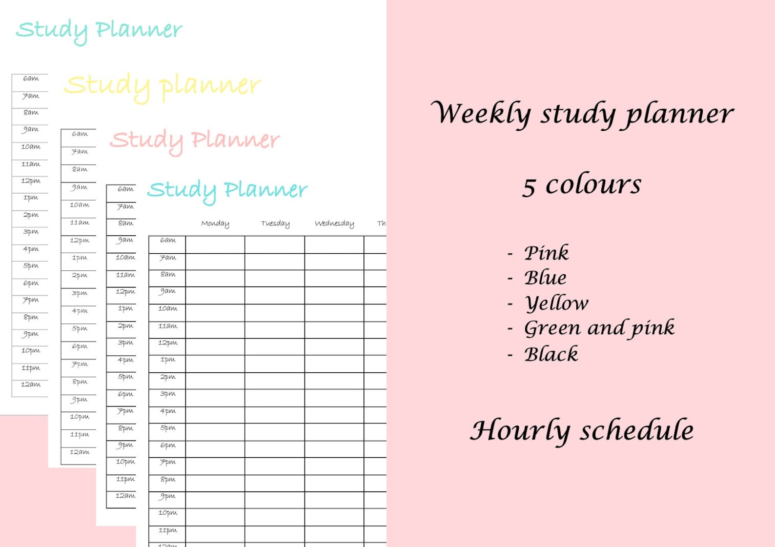 Study Schedule Template // 5 Colours // Instant Download // Printable ...