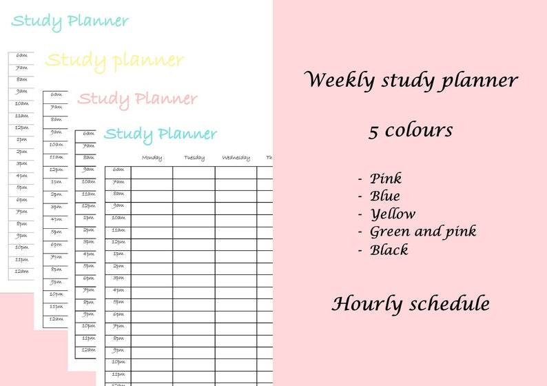 Study Schedule Template // 5 Colours // Instant Download // Printable ...