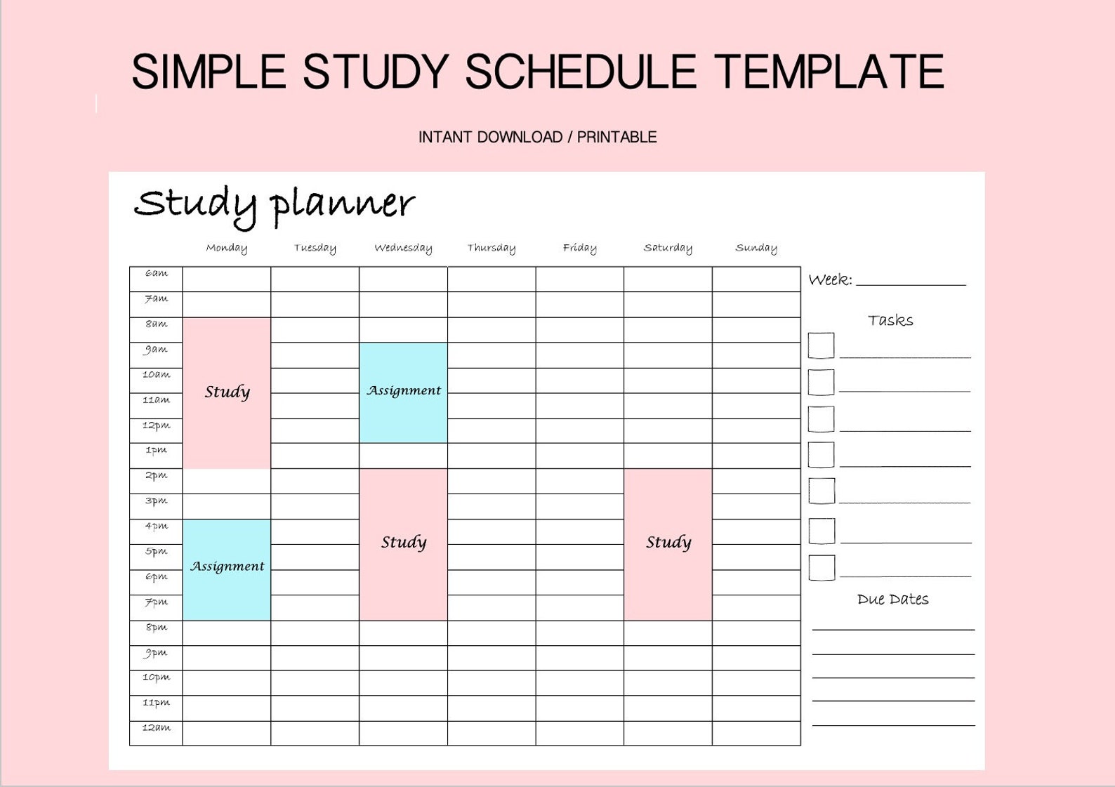 Study Schedule Template // 5 Colours // Instant Download // Printable ...
