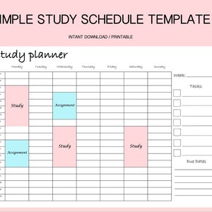 Study Schedule Template // 5 Colours // Instant Download // Printable ...