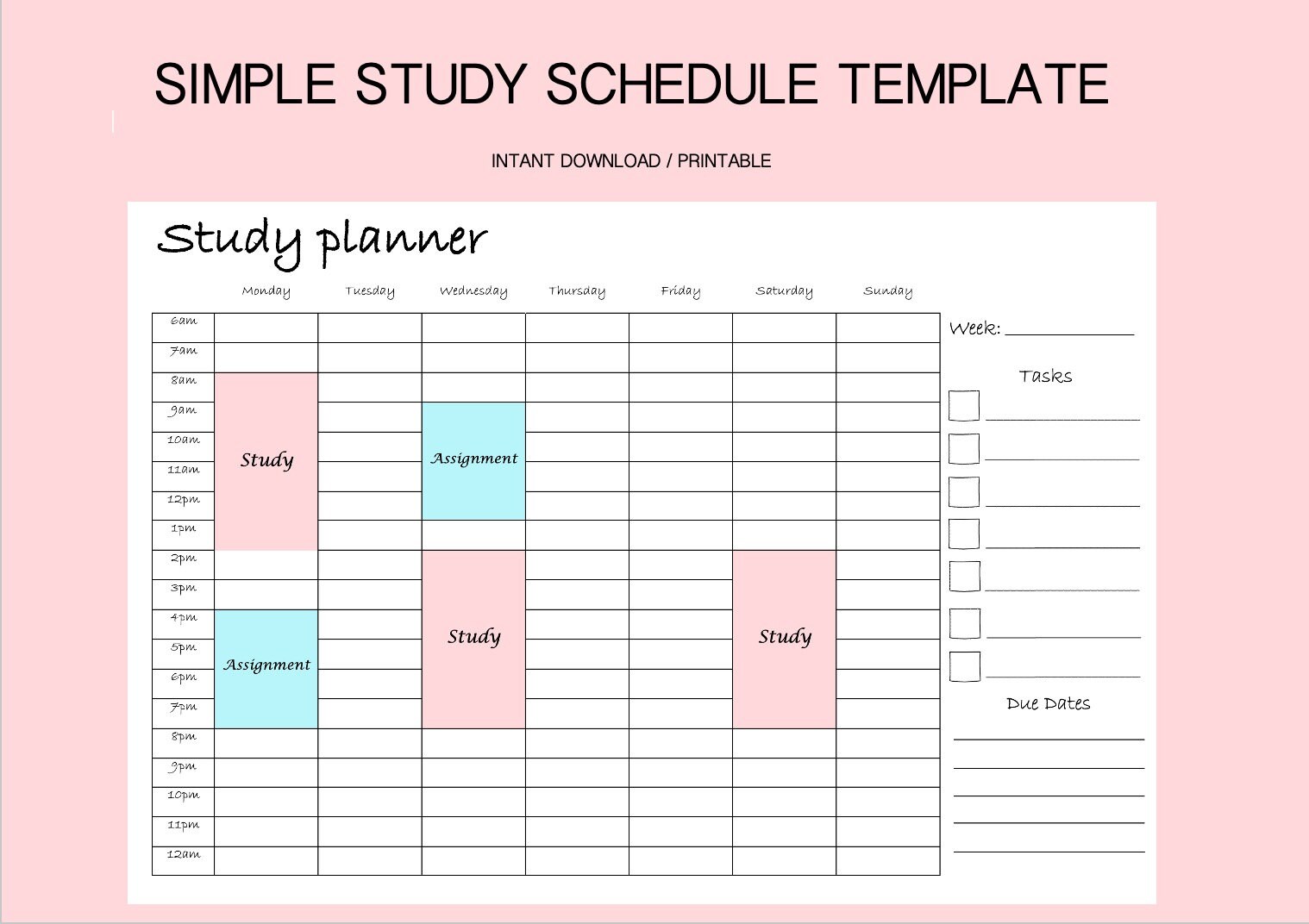 Study Schedule Template 5 Colours Instant Download Printable