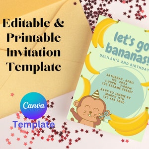 Editable Banana Birthday Party Invitation, 5x7in Printable Canva ...