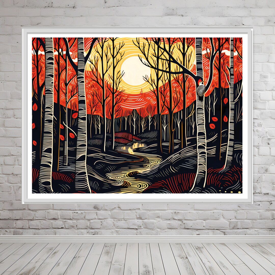 Art Print Linocut Forest With Birches and Woodpeckers in the - Etsy