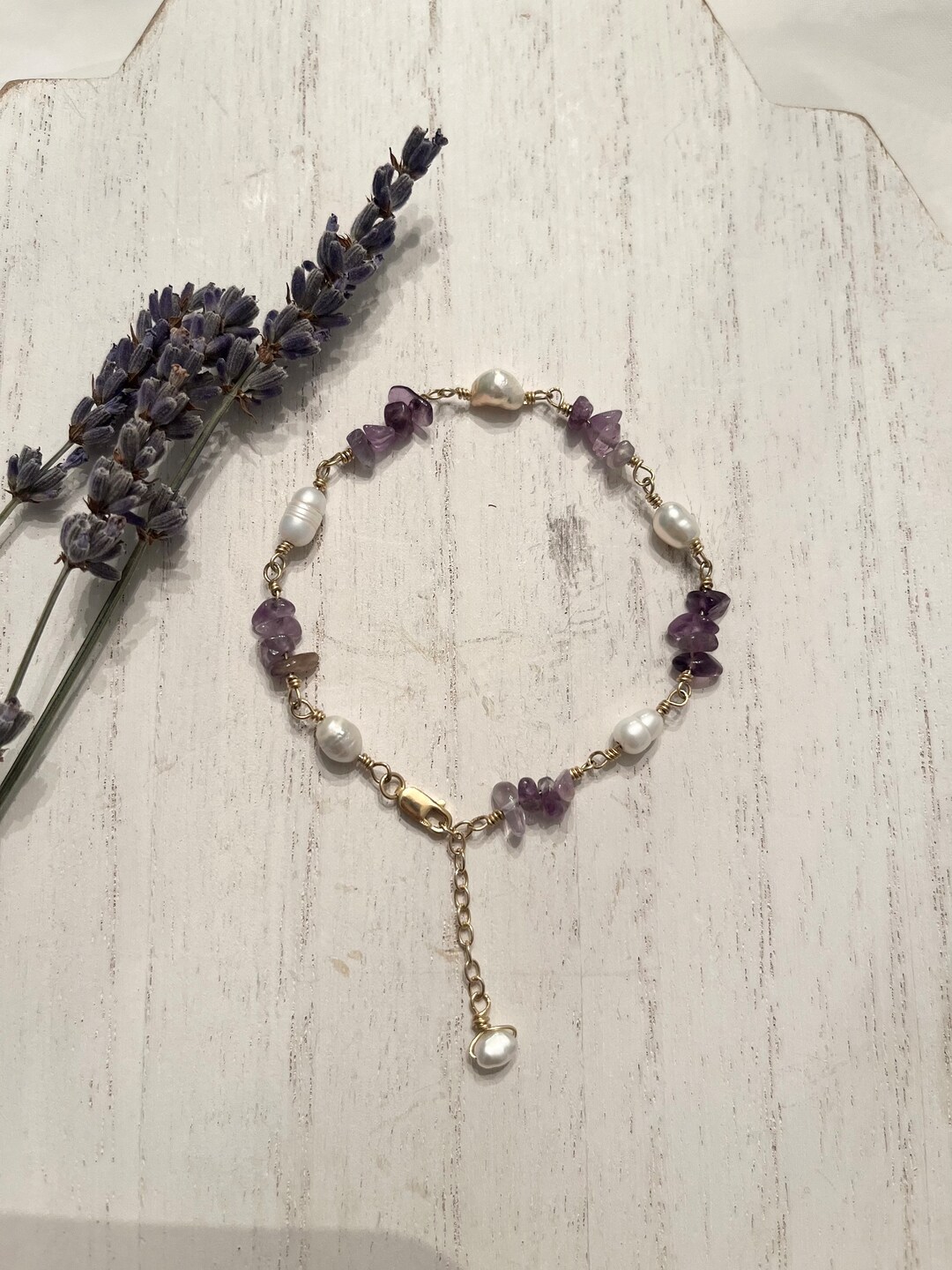 Dainty Amethyst and Pearl Bracelet, Wire Wrapped Purple Gemstone and ...