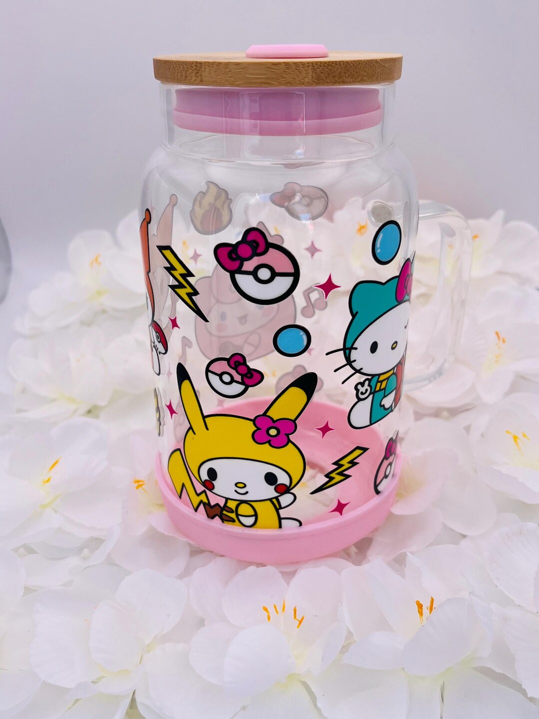 Pokémon Hello Kitty Sanrio Colab Inspired 24oz Boba Glass Cup With ...