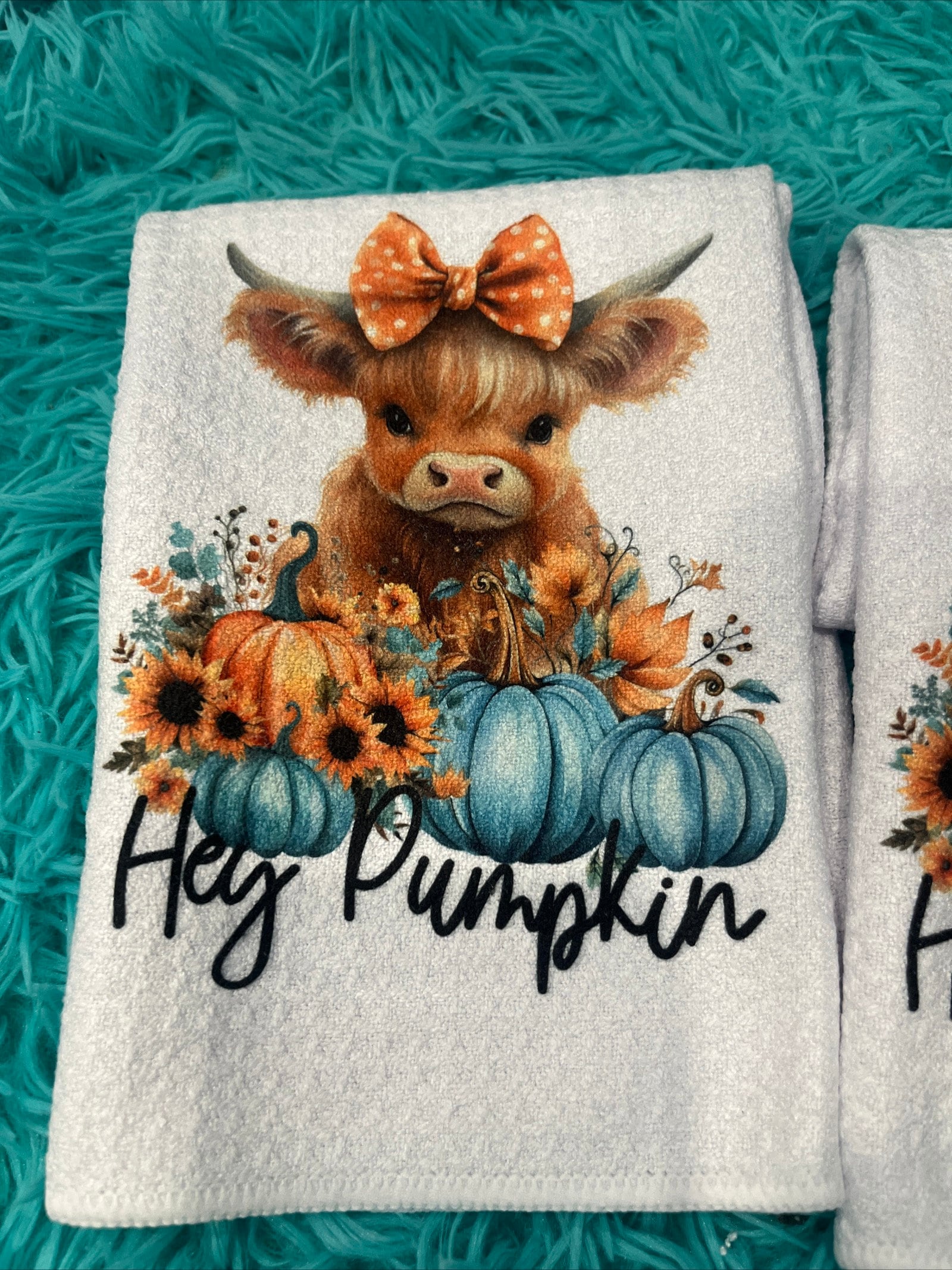 Set of Two Super Cute Highland Cow "hey Pumpkin" 16 X 24 White Waffle ...