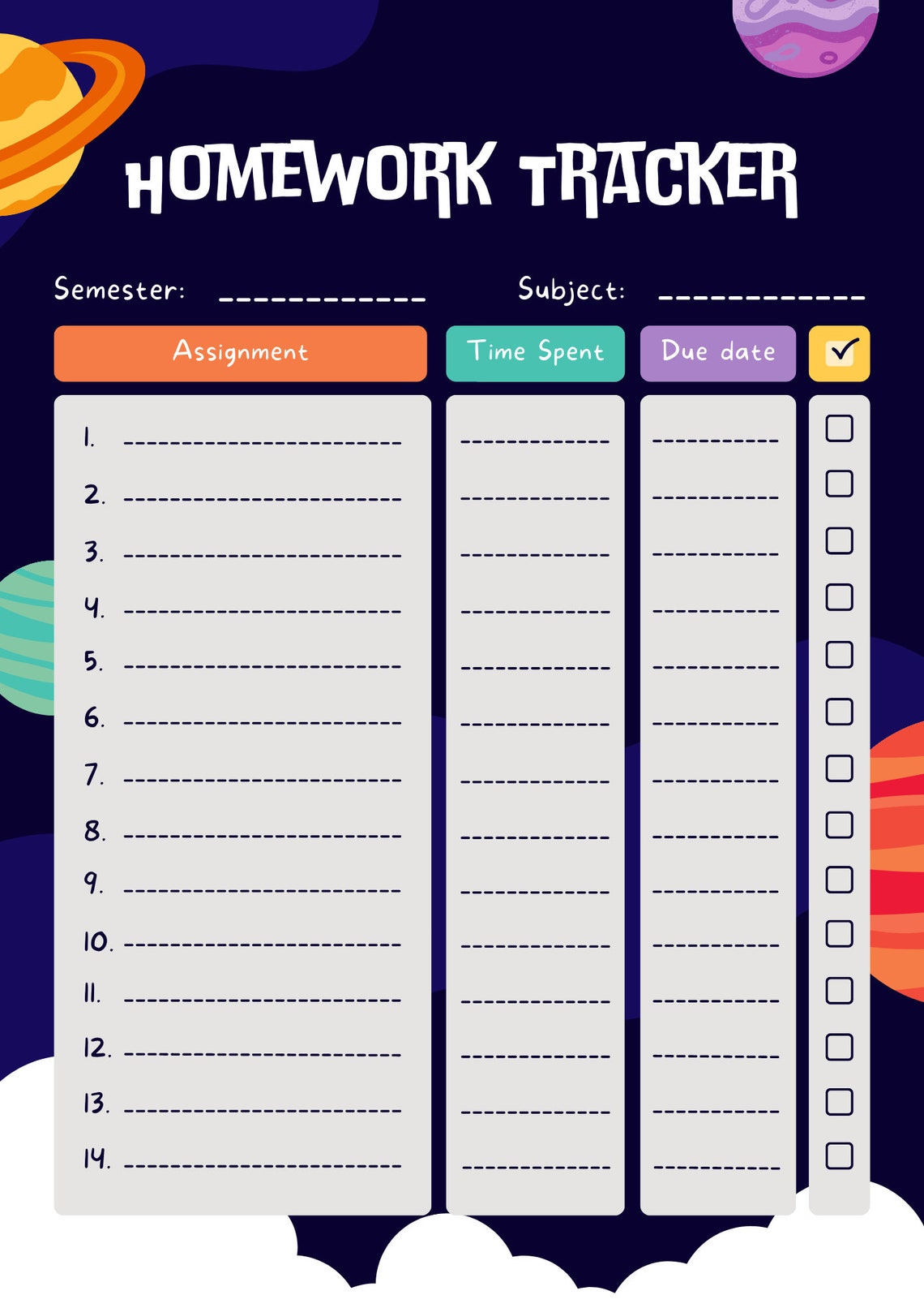 Black Illustrated Space Homework Tracker Planner - Etsy