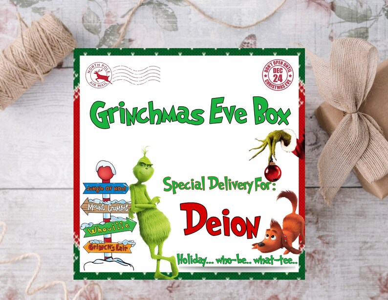 Christmas Eve Box Label Template, Grinchmas Eve Box - Etsy