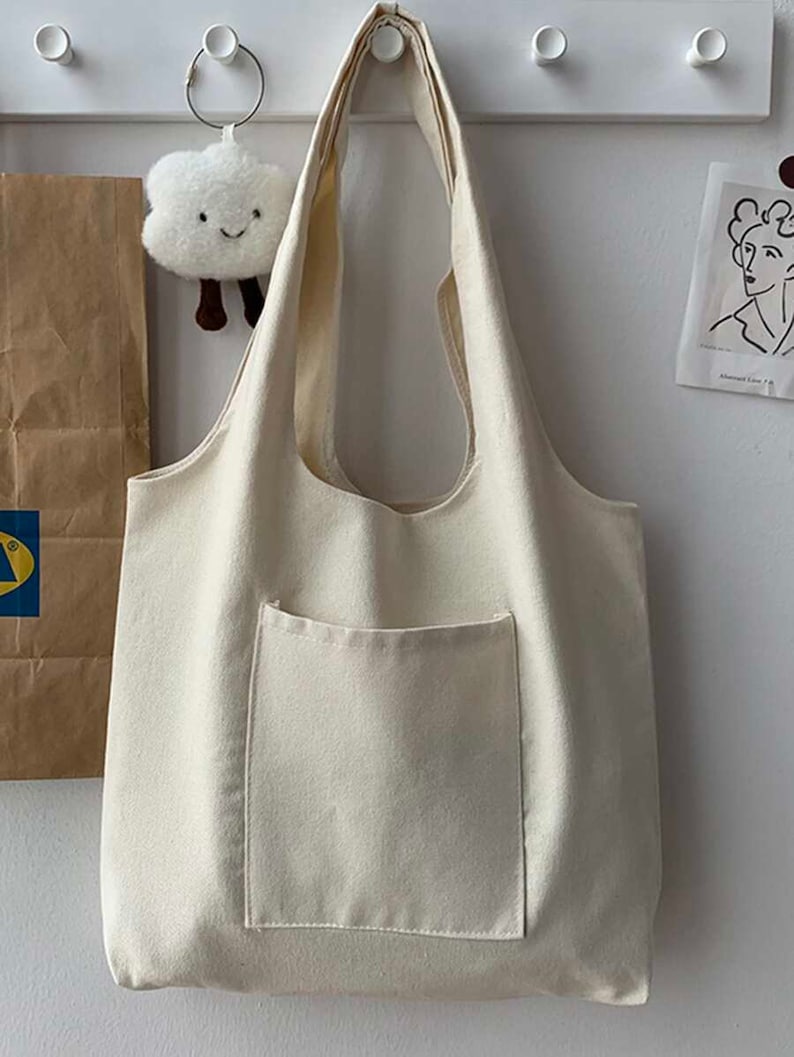 Front Pocket Tote Bag Beige Shoulder Bag Outer Pocket - Etsy