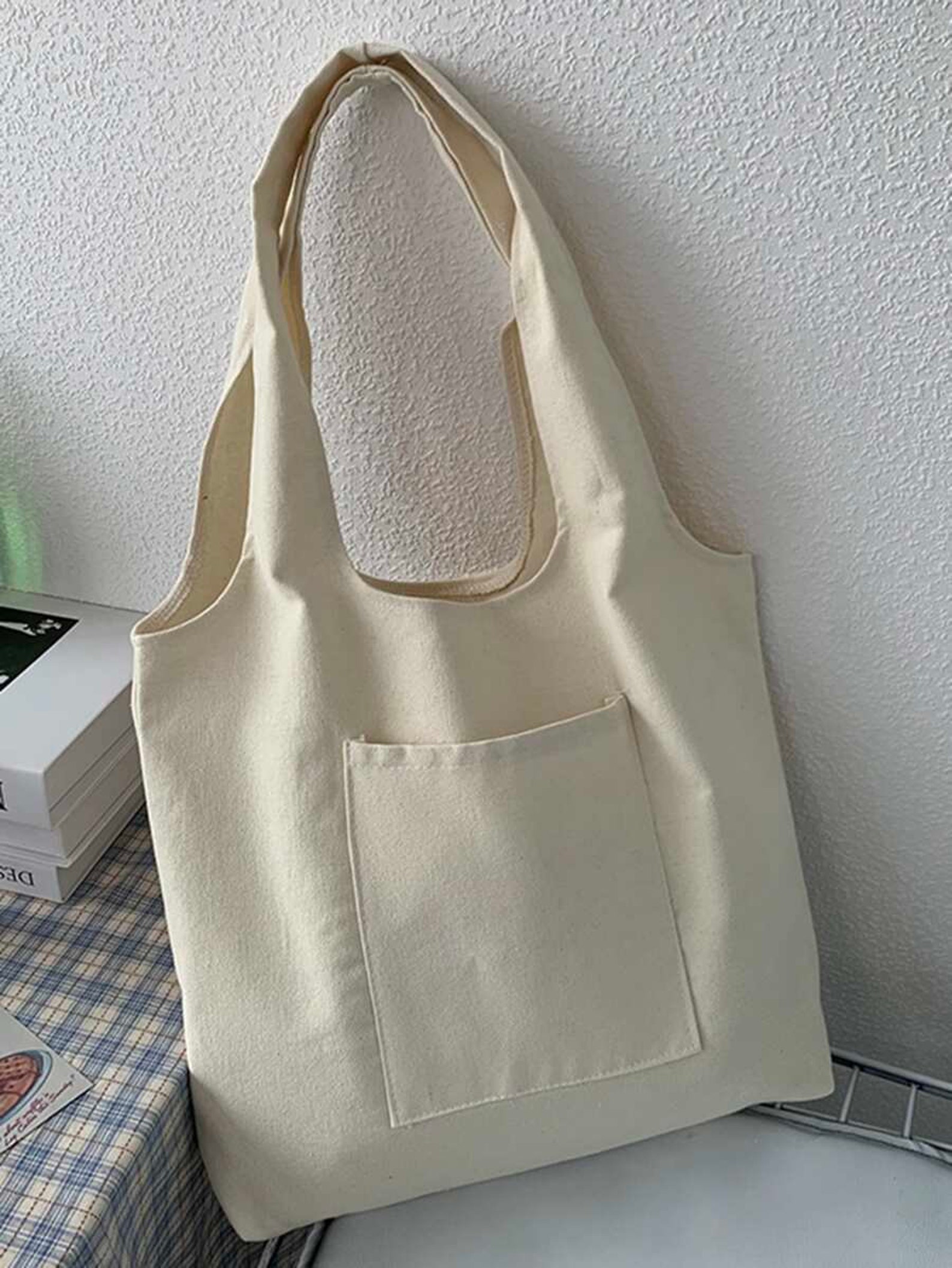 Front Pocket Tote Bag Beige Shoulder Bag Outer Pocket - Etsy
