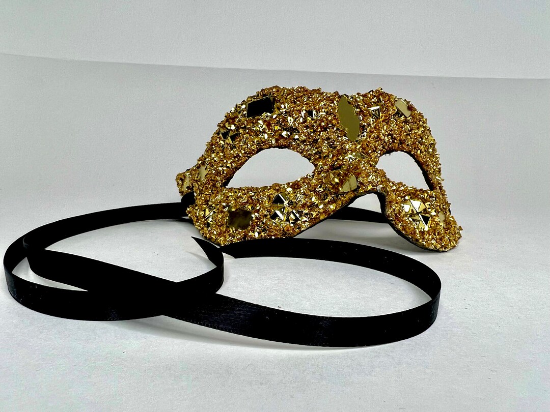 Gold- Makara Masquerade Mirror Mask With Glitter Rhinestones Finish ...