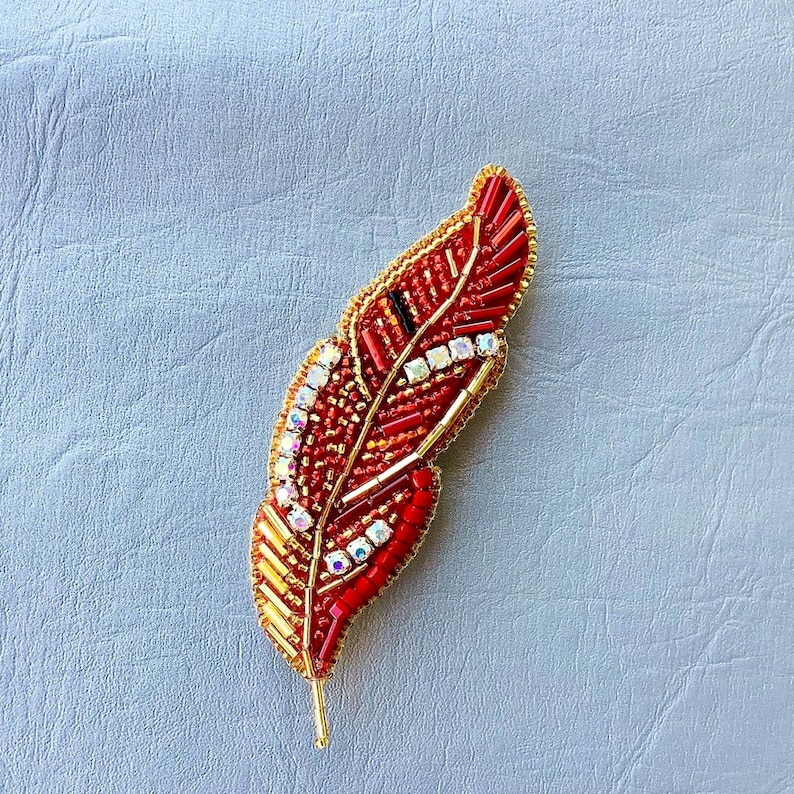 Handmade Beaded Phoenix Feather Pin, Beaded Phoenix Feather Brooch, Red ...