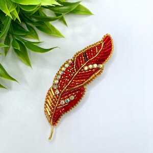 Handmade Beaded Phoenix Feather Pin, Beaded Phoenix Feather Brooch, Red ...