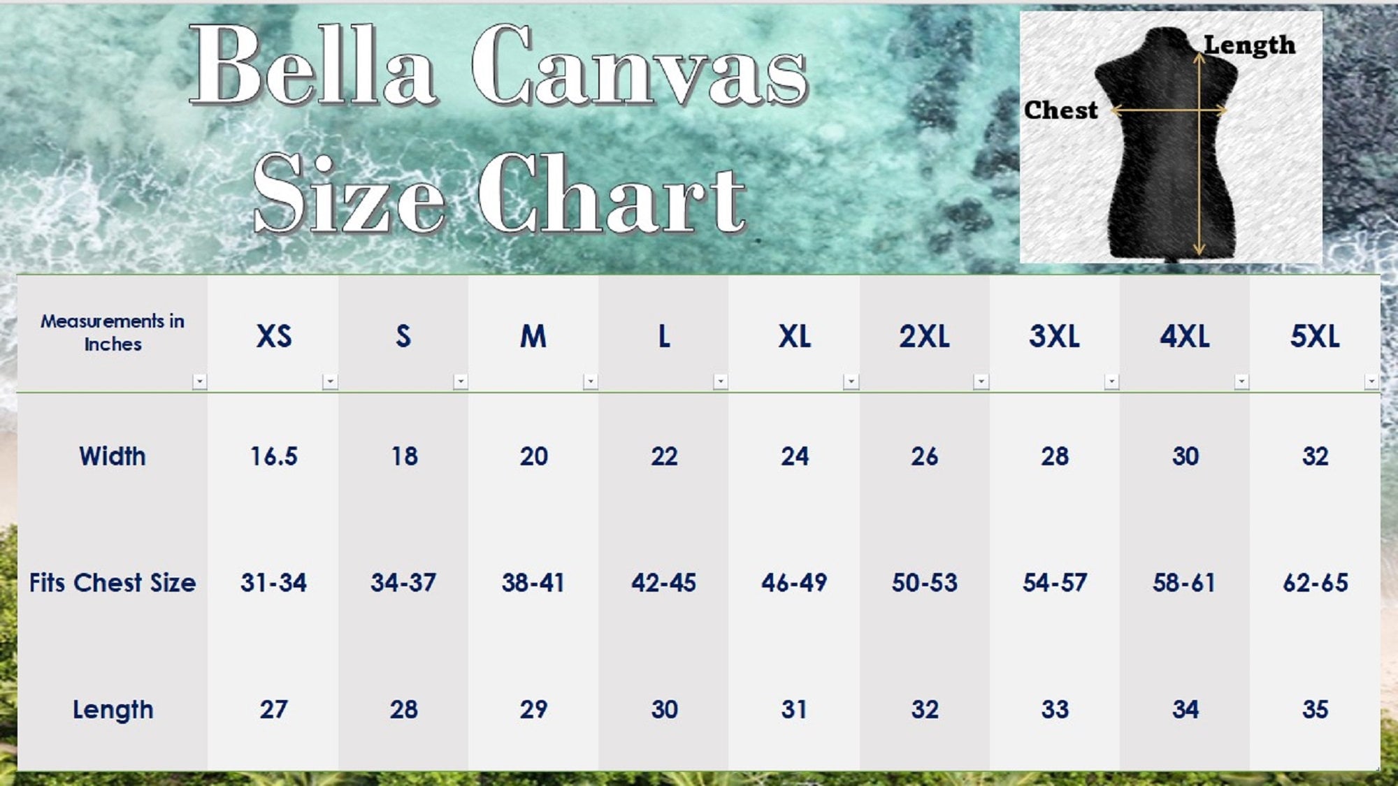 Bella Canvas Size Chart, Bella Canvas 3001 Size Chart, Bella Unisex T ...