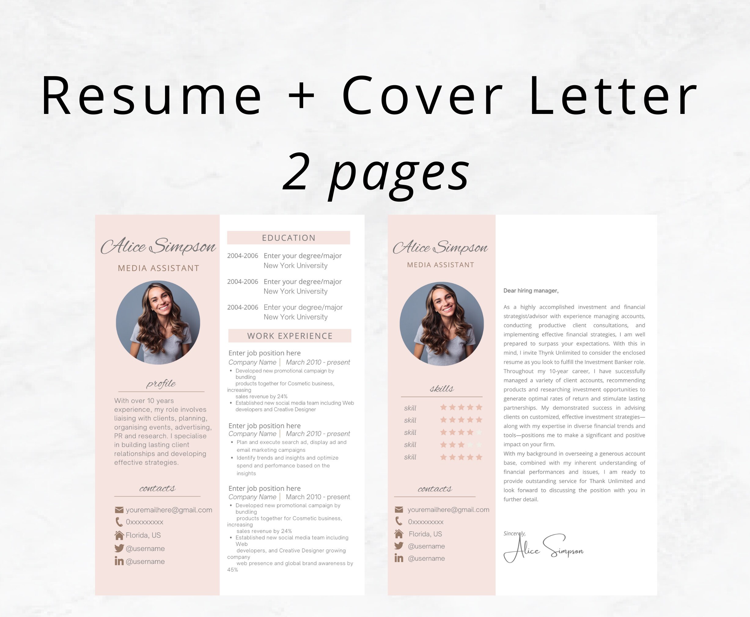Pink CV Template, Cover Letter Template, Resume Template With Picture ...