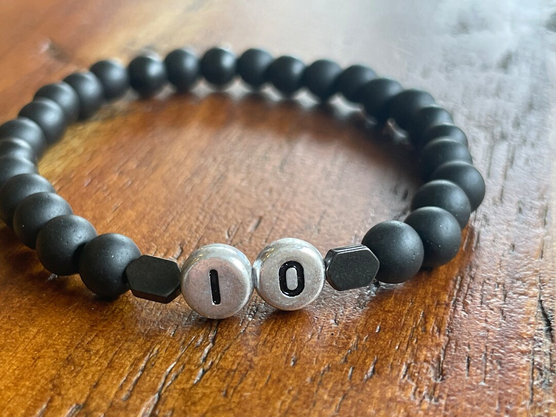 Personalized Date Bracelet: Black Glass Beads, Silver Number Charm - Etsy