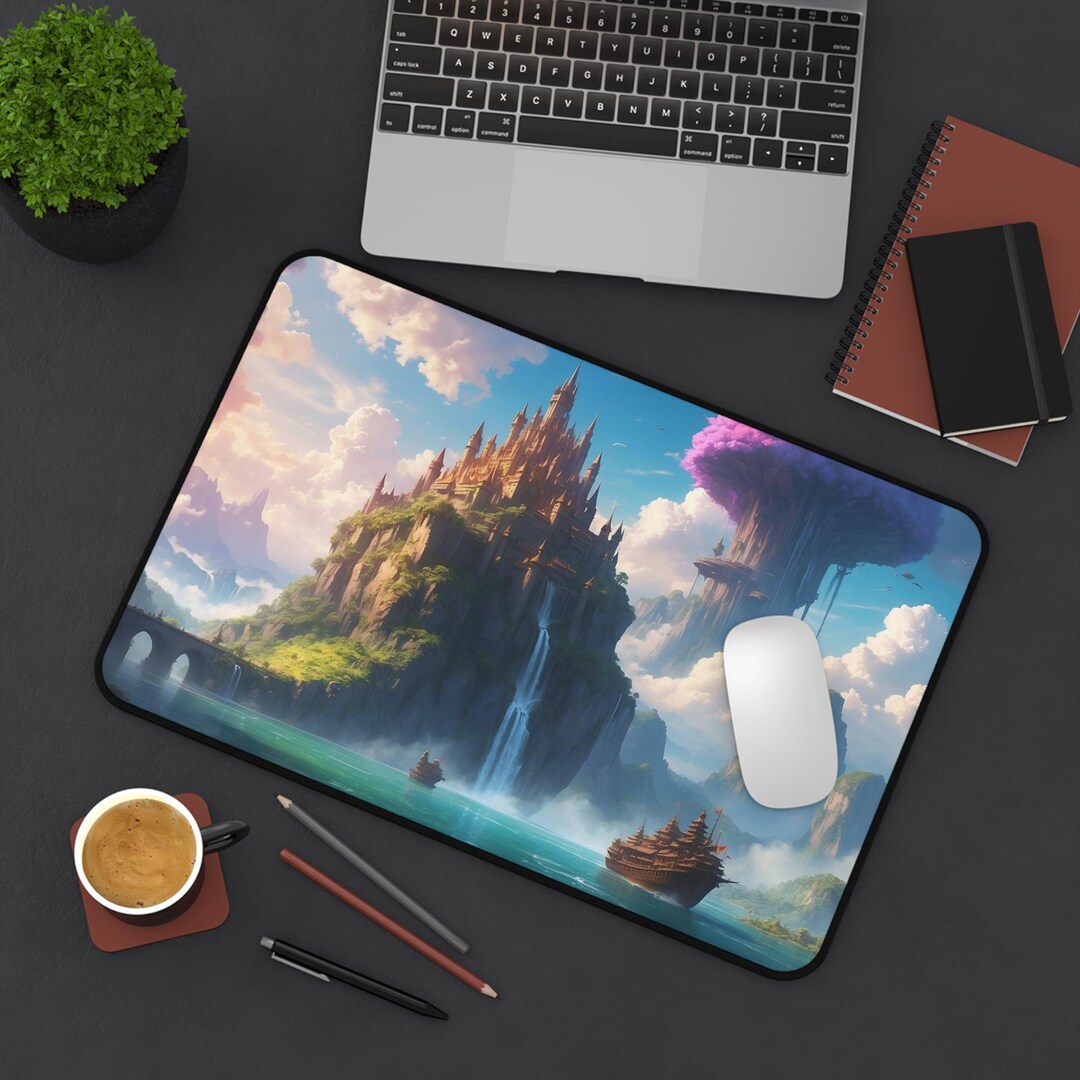 Mouse Pad Majestic Anime Floating Island Castle Fantasy Sky Waterfall ...