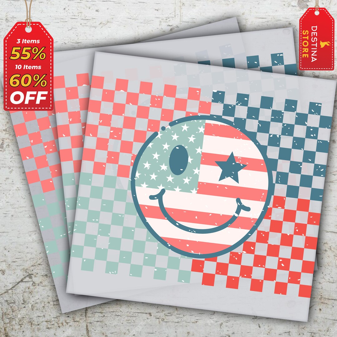 Checkered USA Flag Smiley Face, Ready to Press, Coquette 4th of July ...
