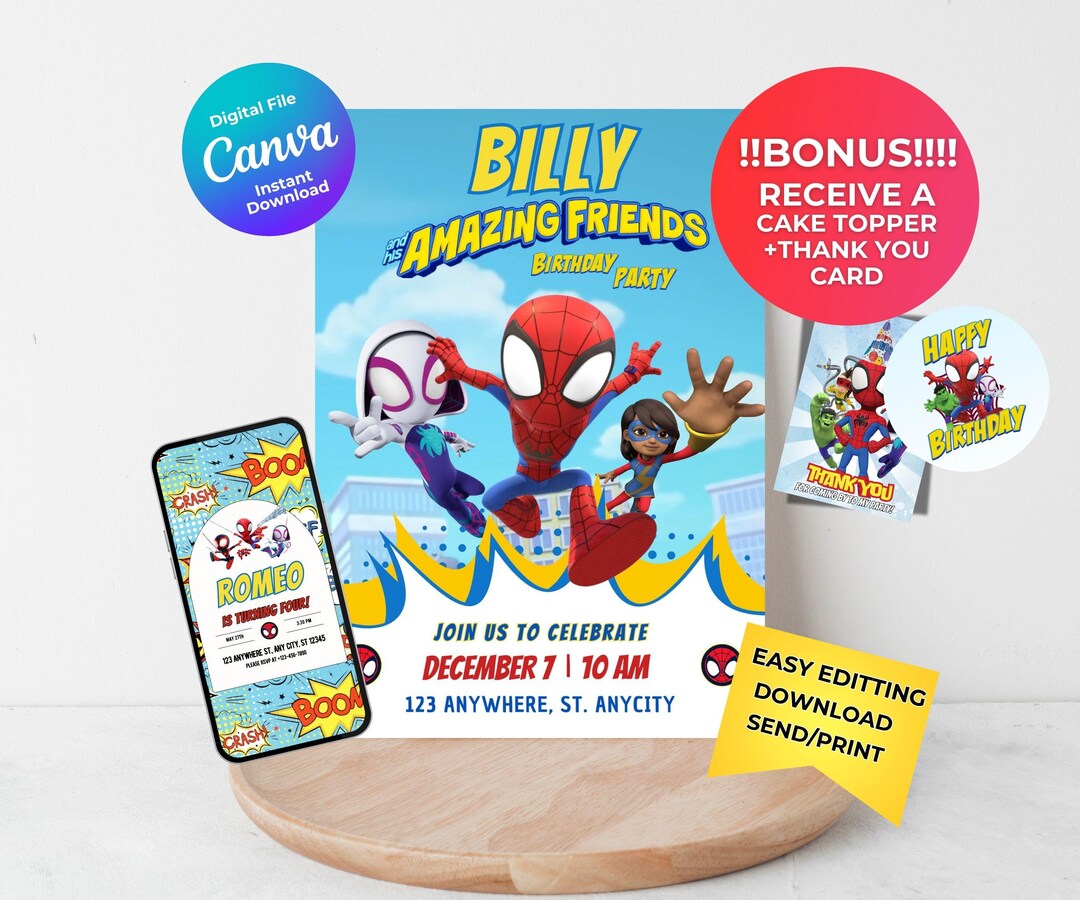 Spidey and His Amazing Friends Birthday Invitation Bundle , Editable ...