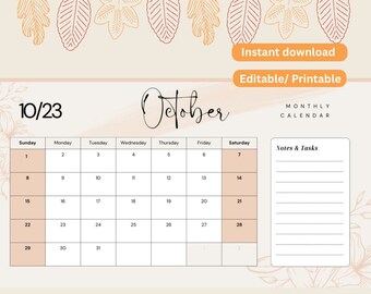 Editable October 2023 Digital Calendar, Halloween, Printable, Fall ...