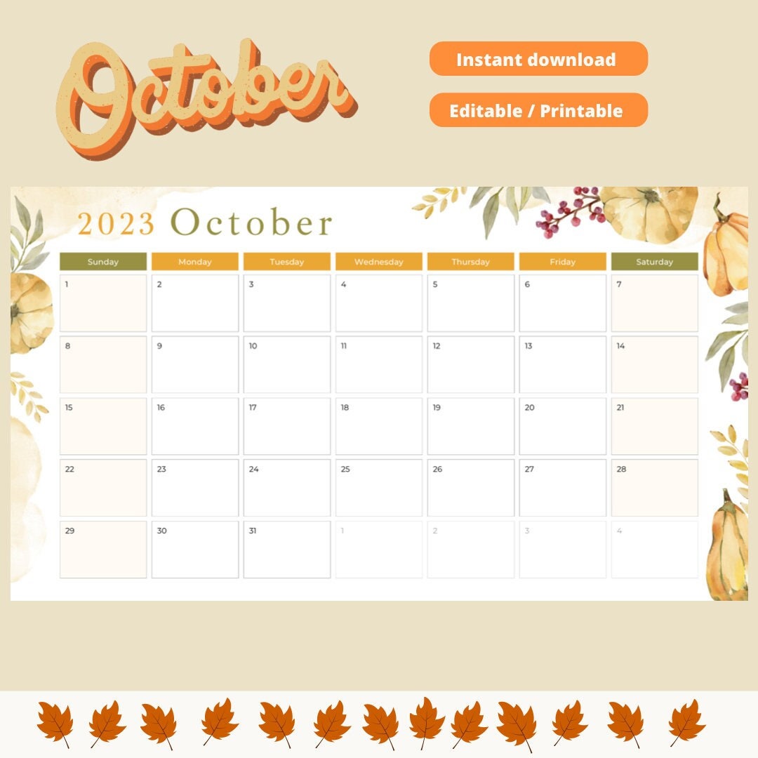 Editable October 2023 Digital Calendar, Halloween, Printable, Fall ...