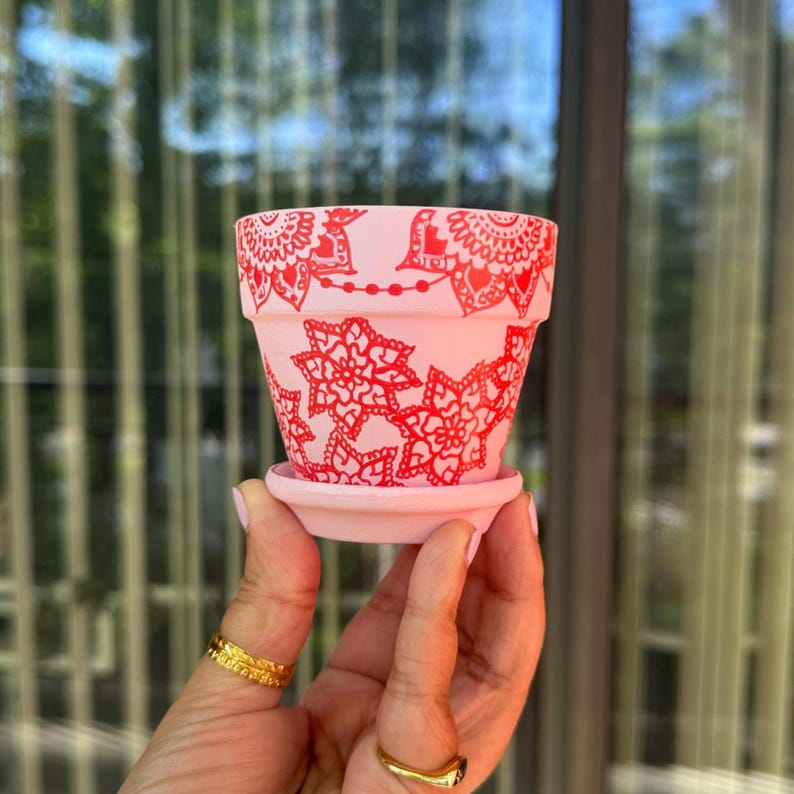 Hand Painted Terracotta Pot With Saucer: Henna Inspired, 2.5 Inch - Etsy
