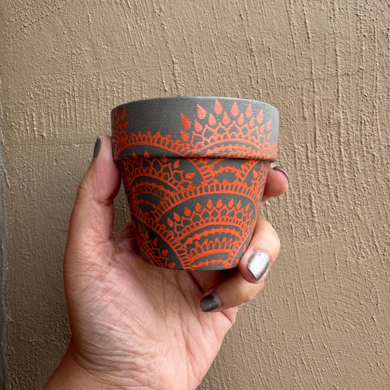 Hand Painted Henna Plant Pot, Small Succulent Planter, Saucer Included ...