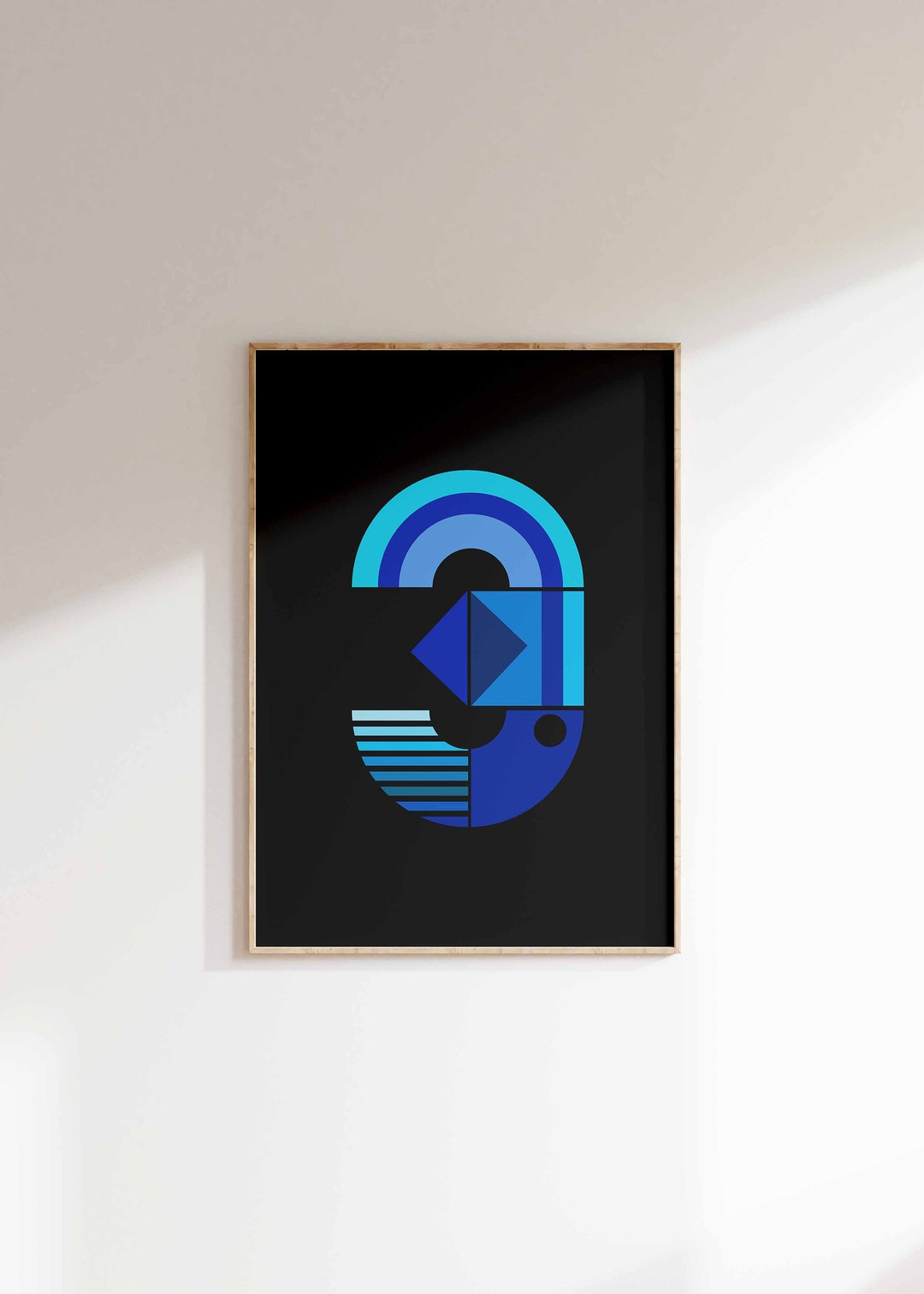 Number 3 Poster, Geometric Art Print Number Three, Black and Blue Wall ...