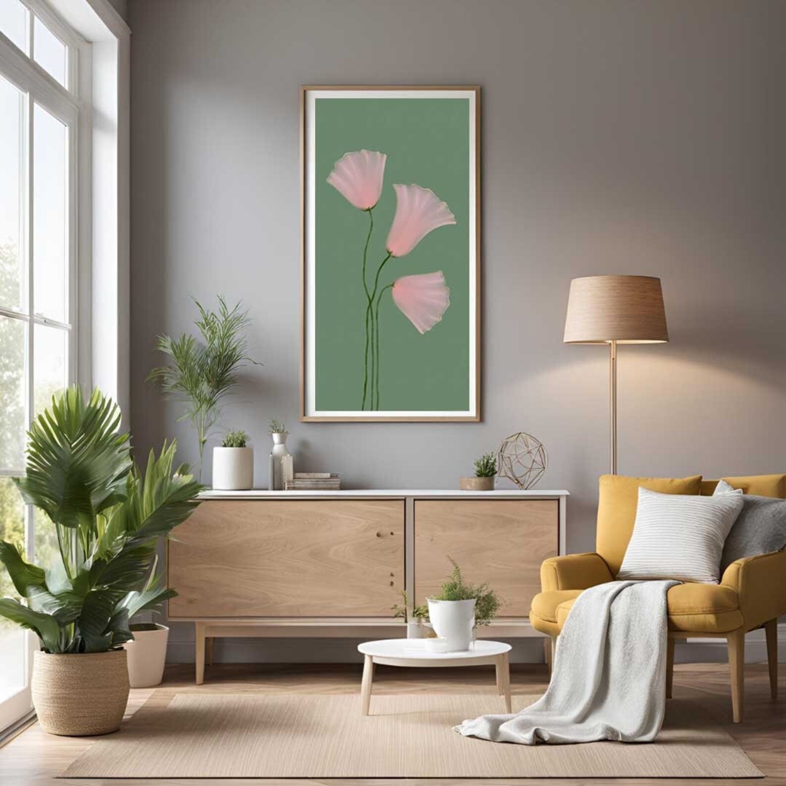 DIGITAL DOWNLOAD Long Vertical Floral Wall Art Hand Drawn Pastel Pink ...