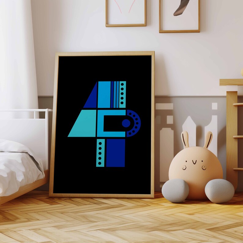 Number 4 Wall Art, Blue Digit Poster, Large Number Four Print, Bold ...