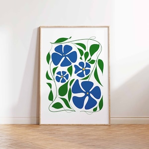 DIGITAL DOWNLOAD Blue Wavy Flowers Art Print, Floral Living Room Wall ...