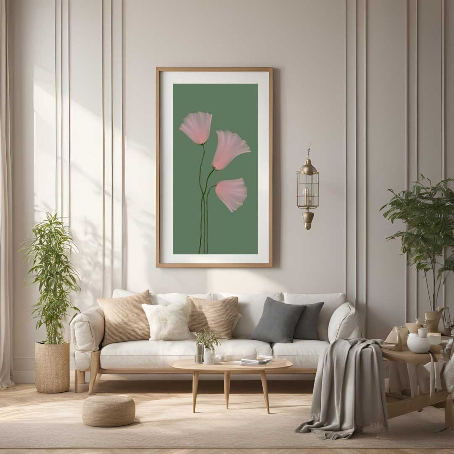 DIGITAL DOWNLOAD Long Vertical Floral Wall Art Hand Drawn Pastel Pink ...