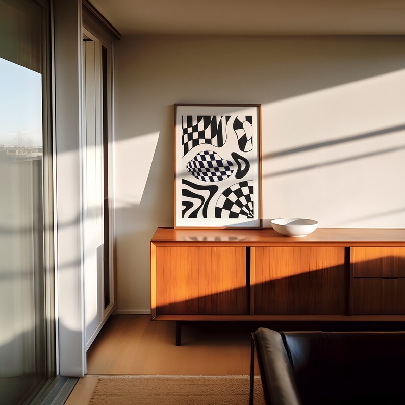 Black and White Abstract Checkered Poster Printable Geometric Round ...