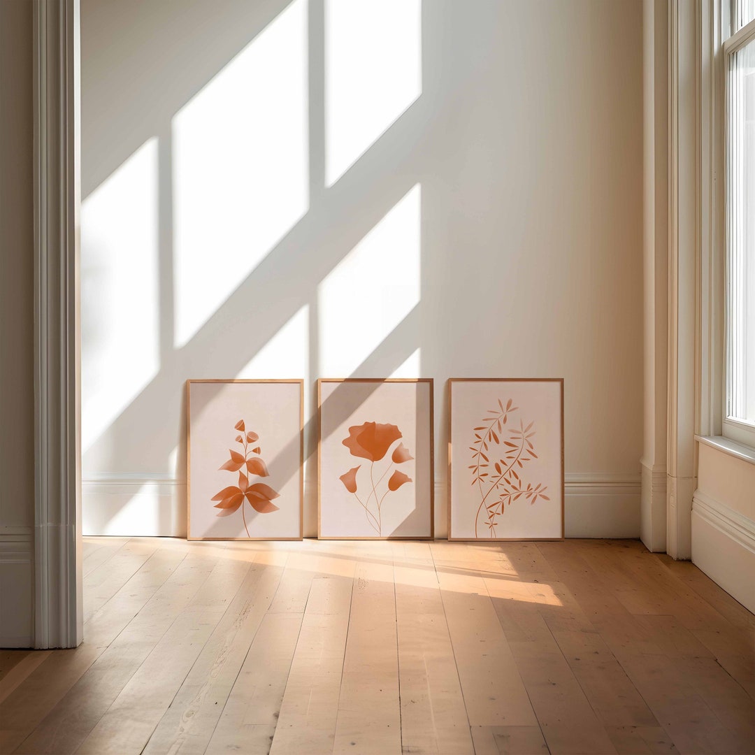 Set of 3 Unique Floral Art Prints Tryptic Orange Beige Botanical Boho ...