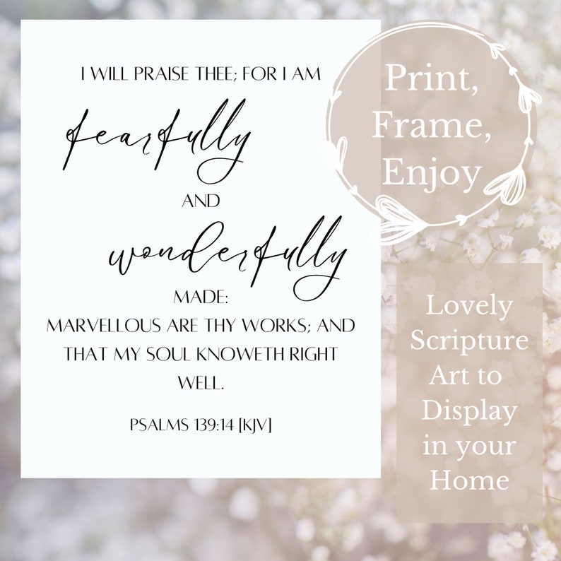 Fearfully and Wonderfully Made Scripture Printable, Psalm 139:14 Bible ...