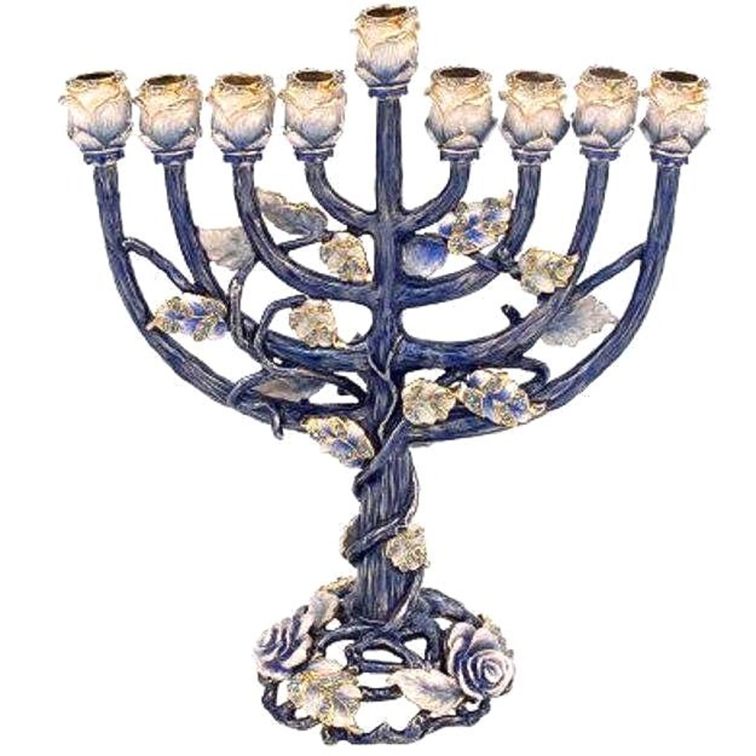 Blue & White Jeweled Menorah Flowers Leaves With Sapphire Stones 9 X 9 ...