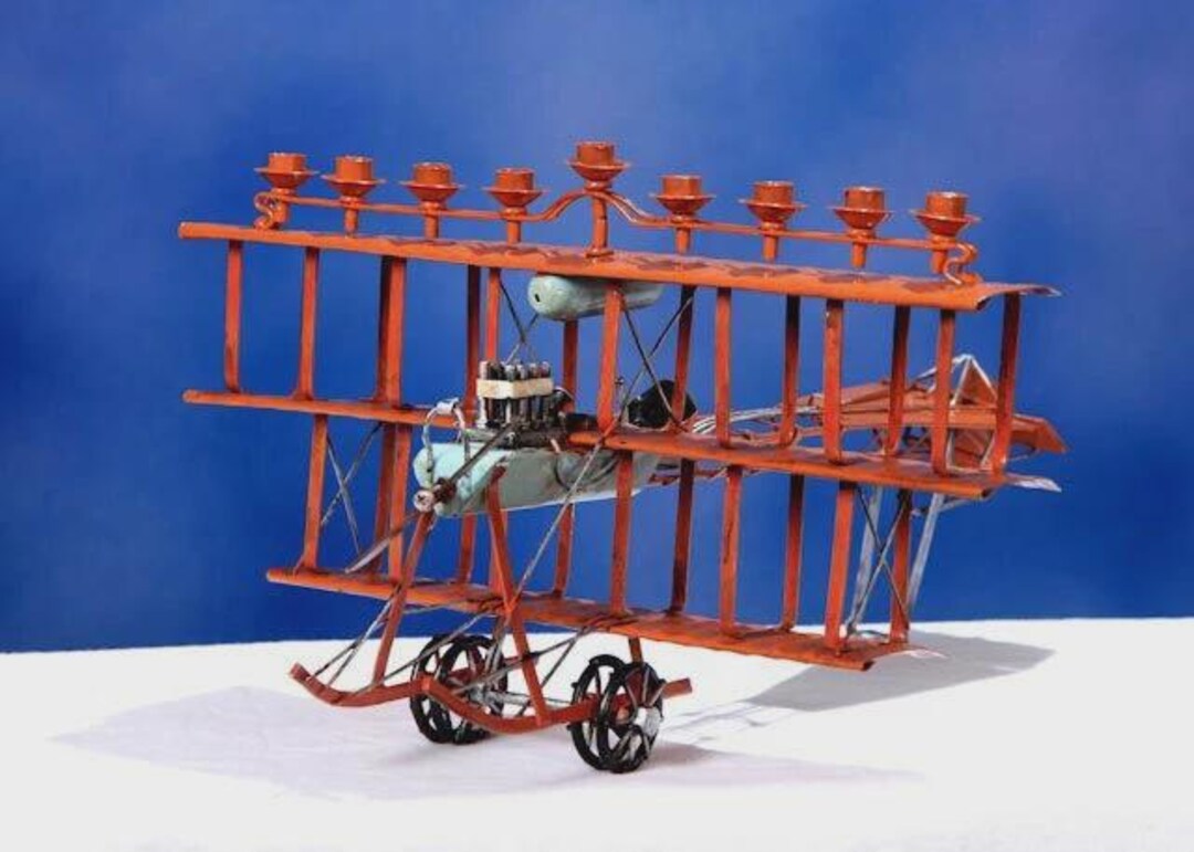 Red Old Style Flying Machine Aircraft Airplane Menorah 12"l X7h" X 11 ...