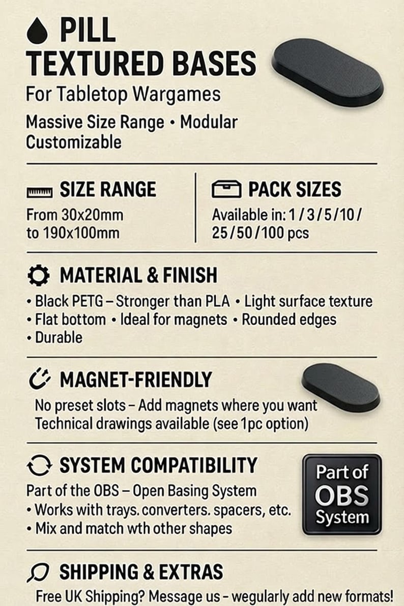 Pill Shape Wargaming Bases 30mm-190mm | Stadium Oval Bases for ...