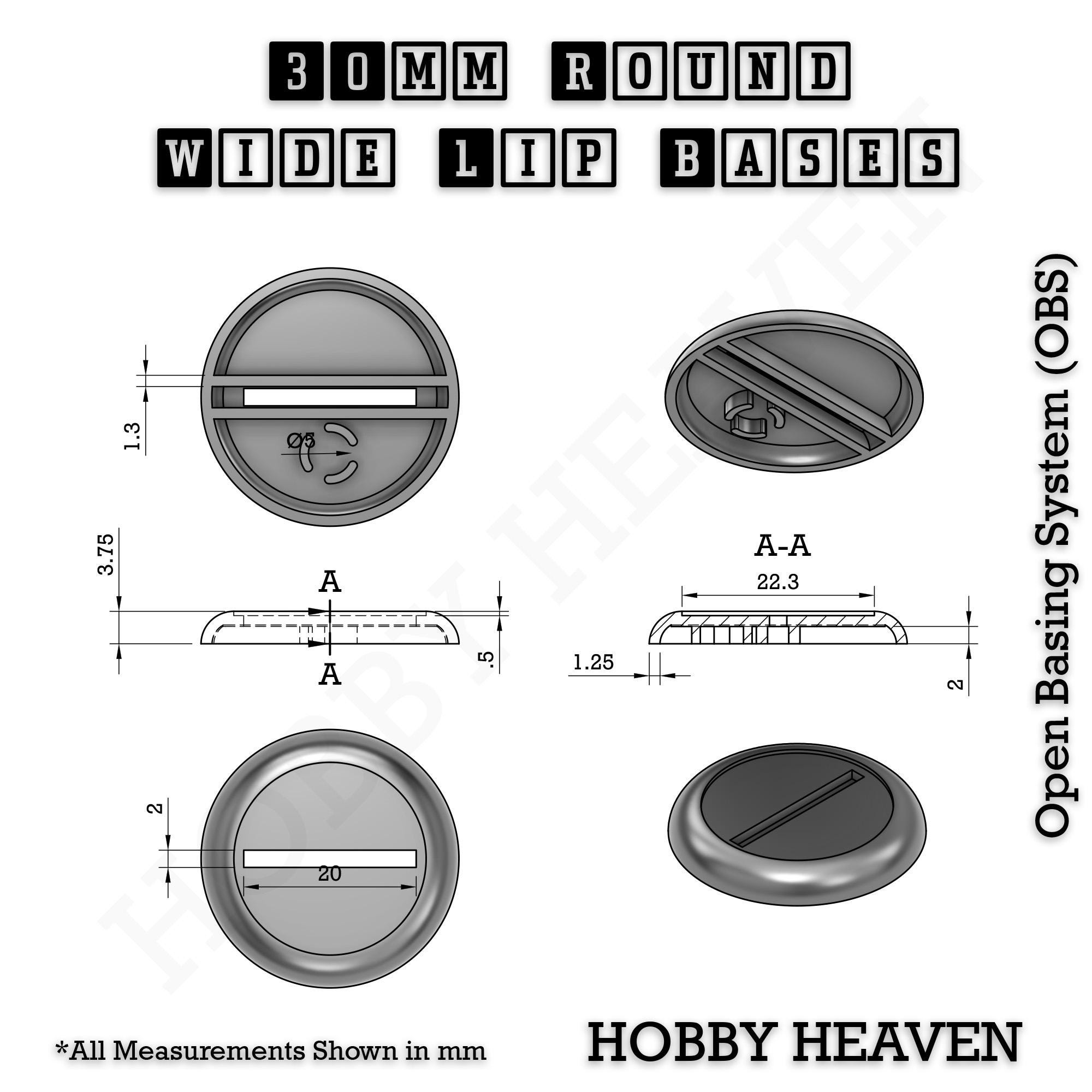30mm Round Wide Lip Slotted Bases, ABS Plastic Miniature Wargaming Base ...