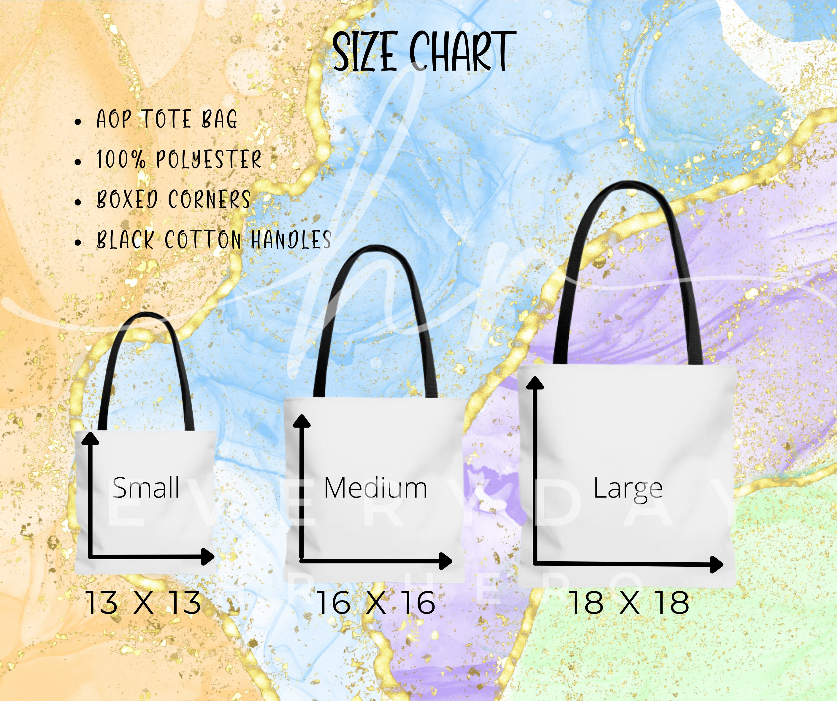 Sparkle Tote Bag Size Chart, AOP Tote Size Chart, Sizing Chart for Tote ...