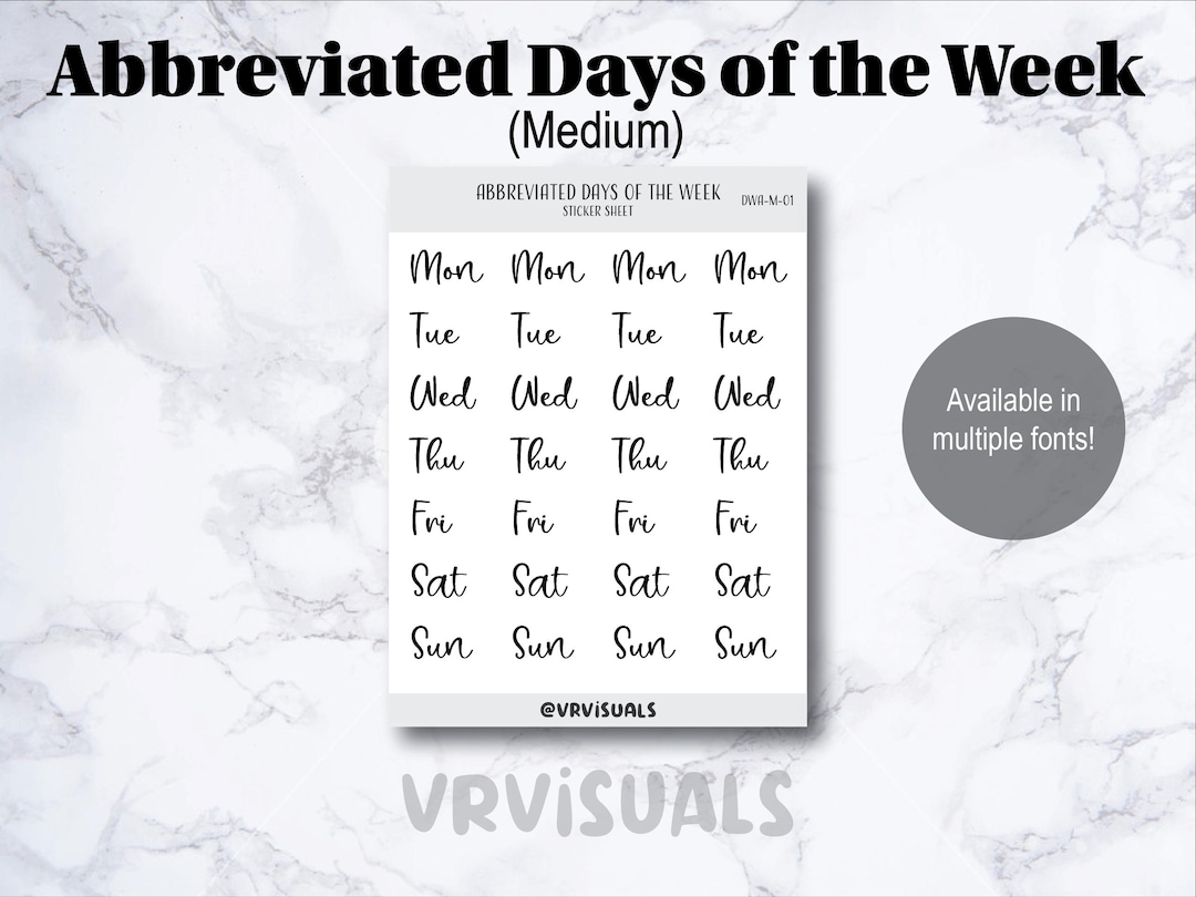 Days of the Week Script Stickers- Abbreviated Medium Size |functional ...