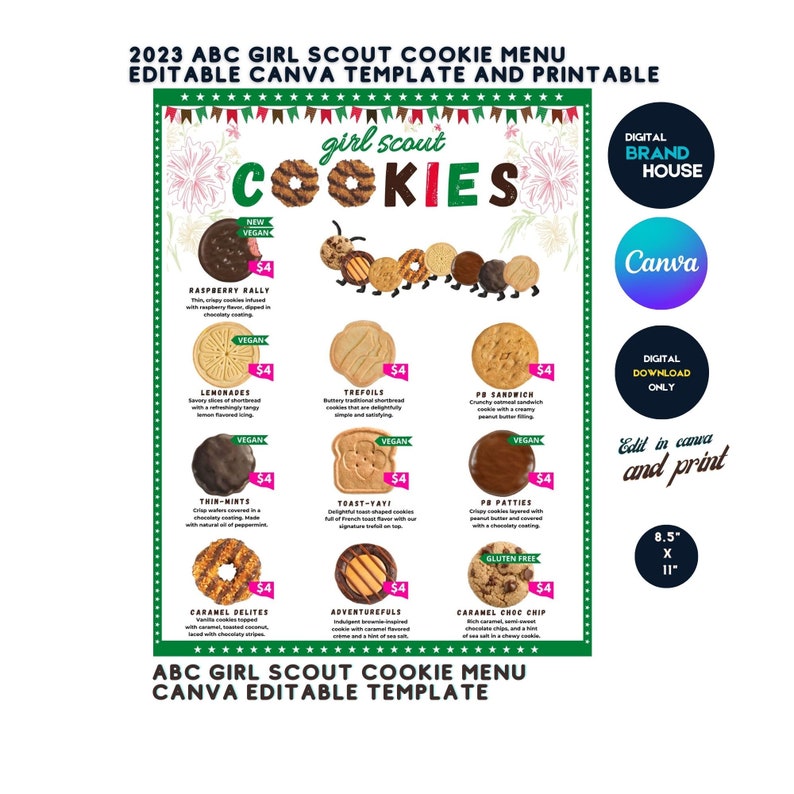 Abc Girl Scout Cookie Booth Menu Editable Canva Template 2023 Abc Girl